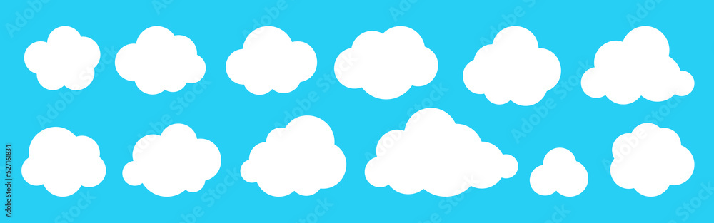 Abstract white flat clouds set isolated on blue sky background ...