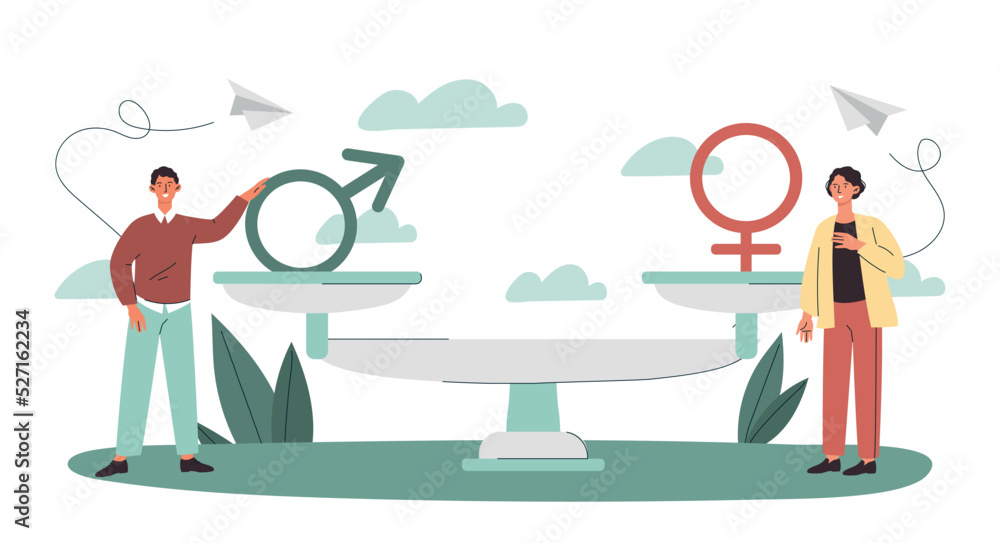 Gender equality concept. Man and woman standing next to balanced scales ...