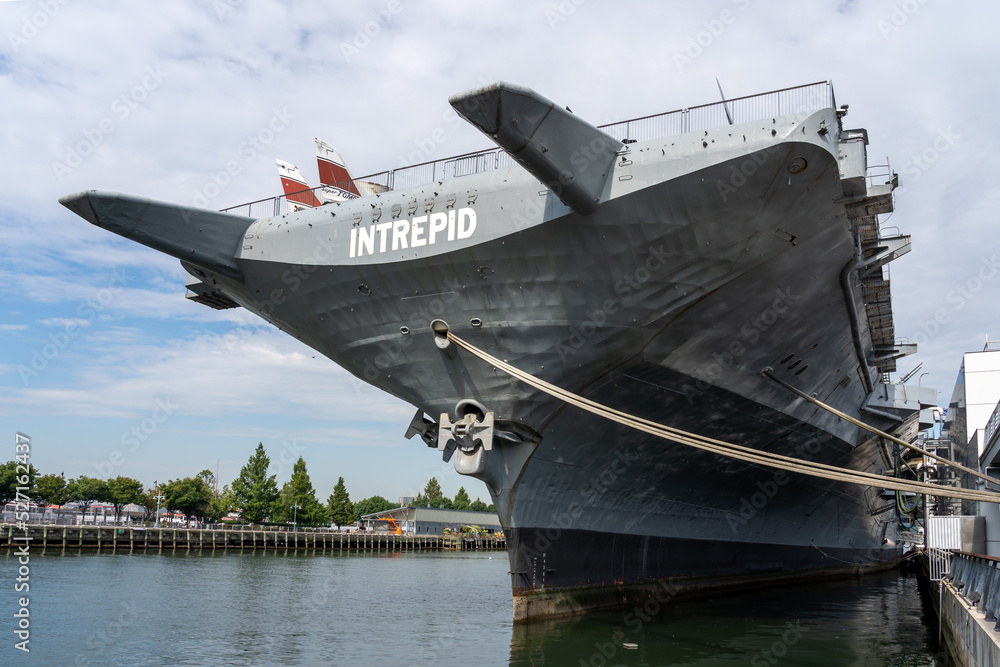 New York City, NY, USA - August 20, 2022: The Intrepid sign on the ship ...