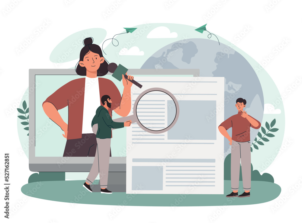 Newspaper on internet. Mass media share information online. Characters ...