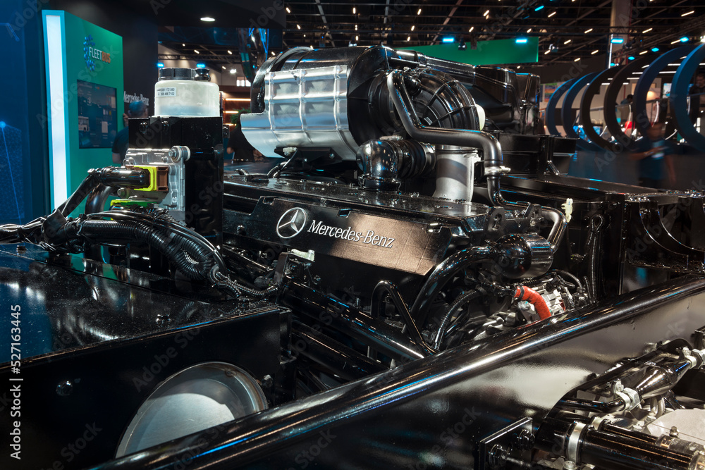 Mercedes-Benz bus motor, exposed chassis, engine and gears. Stock Photo ...