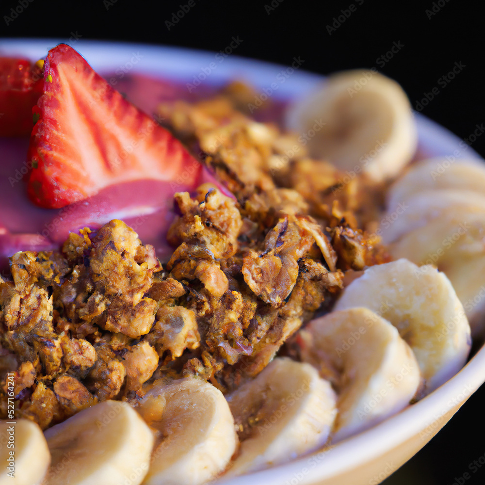 Açaí bowl with granola, tropical fruits, banana, raspberry, condensed ...