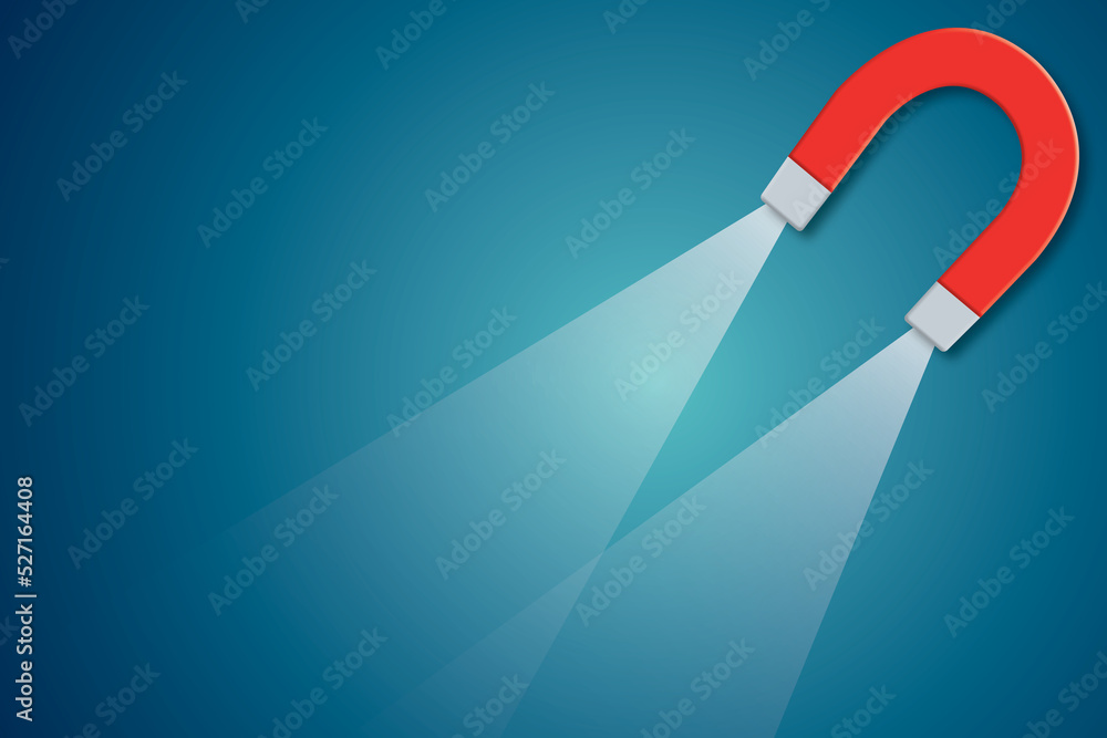 Red magnet with magnetic power on dark blue background. Concept for ...