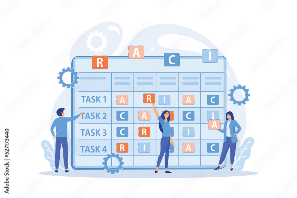 Tiny business people at responsibility chart with tasks. RACI matrix ... Tiny business people at responsibility chart with tasks. RACI matrix ...