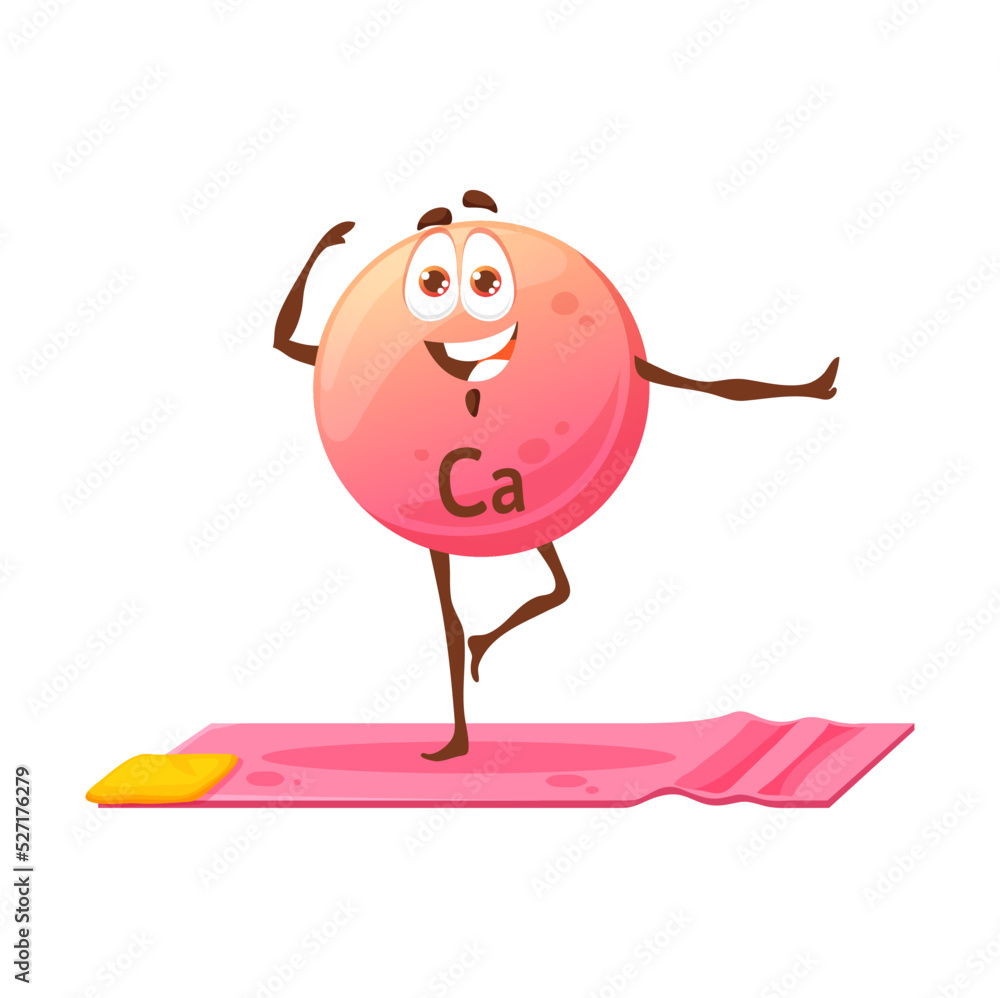 Cartoon cheerful Ca mineral character on yoga. Vector Calcium ...