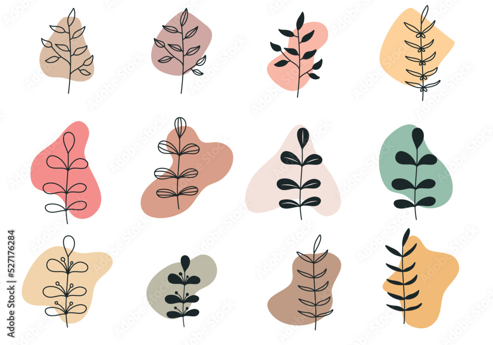 One line abstract art leaves. Boho vector botanical prints set for wall ...