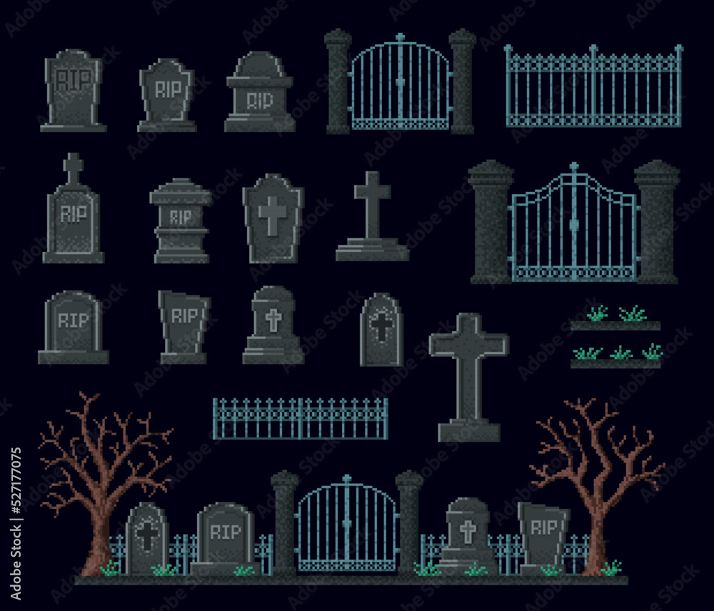 Cemetery 8bit pixel game assets, gravestone, fence, graveyard and ... Cemetery 8bit pixel game assets, gravestone, fence, graveyard and ...