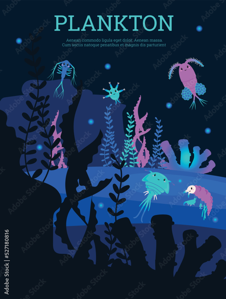 Plankton underwater world banner or poster design flat vector ...