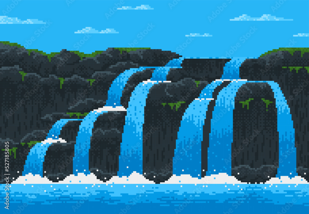 8 bit pixel game waterfall cascade landscape for video arcade level, vector background. 8bit ...