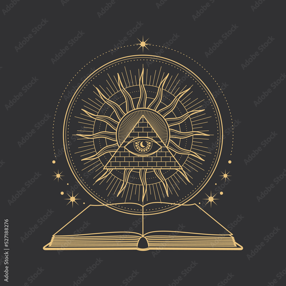 Esoteric tarot symbol, pyramid, eye and spell book in magic pentagram ...