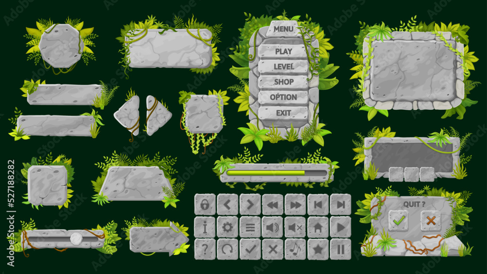 Stone game interface. UI game buttons, GUI elements and icons. Game ... Stone game interface. UI game buttons, GUI elements and icons. Game ...