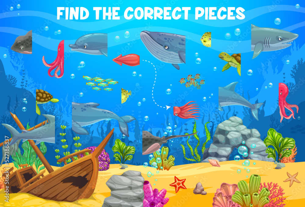 Underwater landscape. Find the correct pieces of sea animals and fish ...