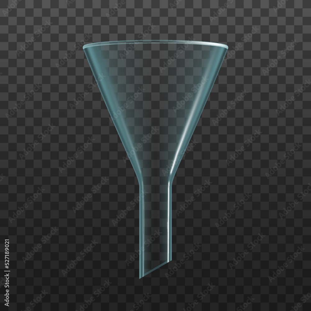 Isolated glass funnel, vector transparent laboratory glassware ...