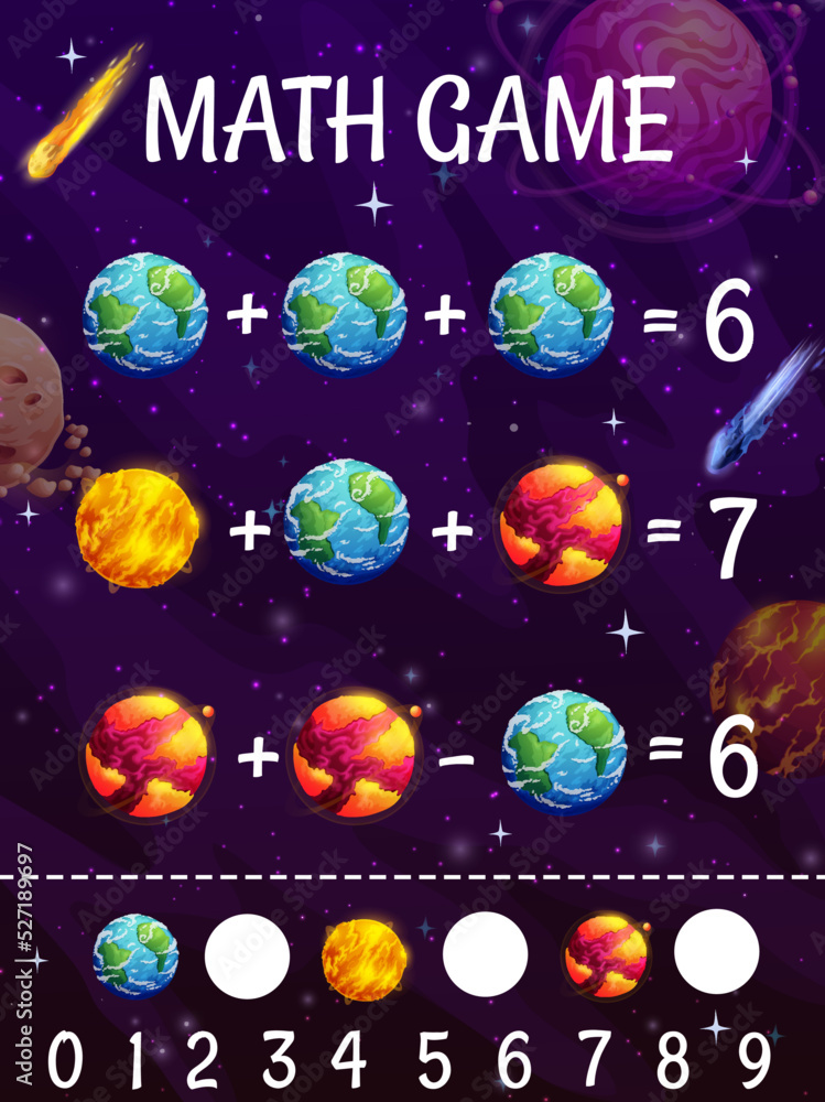 Kids math game worksheet. Galaxy space cartoon alien planets and stars ...