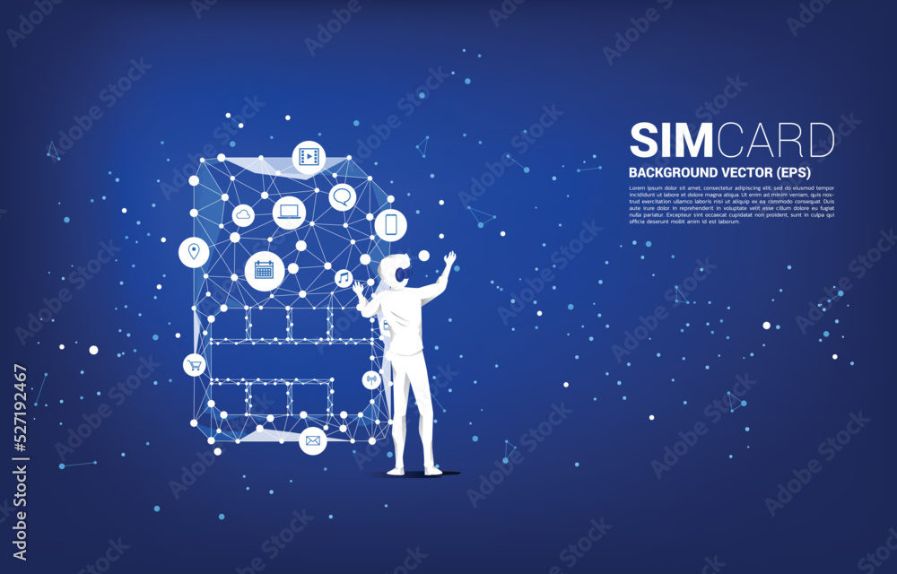 Silhouette man wear VR glasses and dot connect line and sim card icon ...