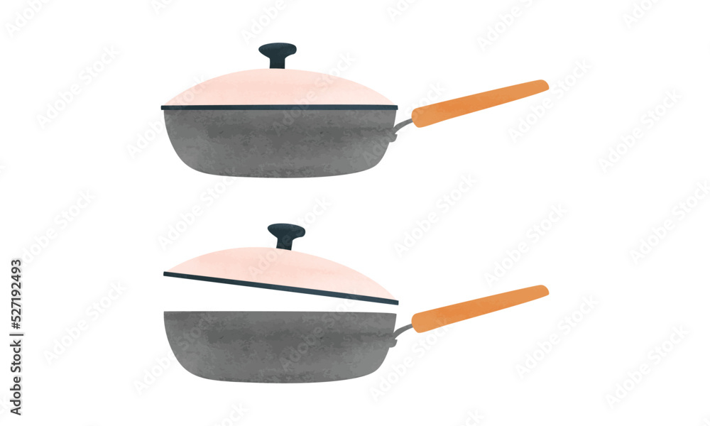 Simple kitchen deep frying pan watercolor style vector illustration ...
