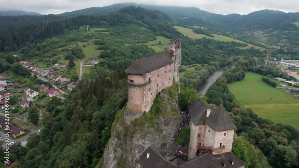 Sideways orbit showing the impressive Orava Castle, situated on top of ...
