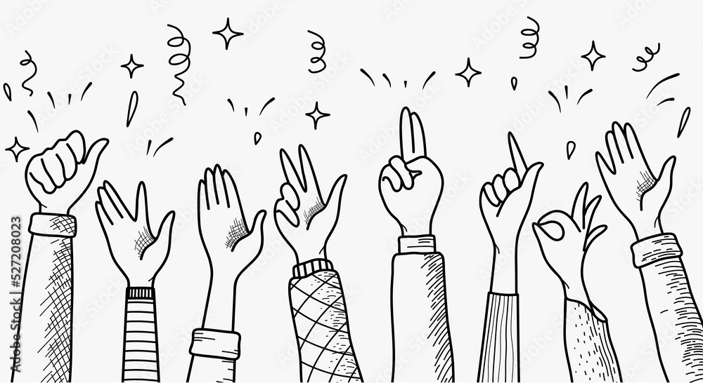 hand drawn of hands cheering and clapping ovation. applause, thumbs up ...