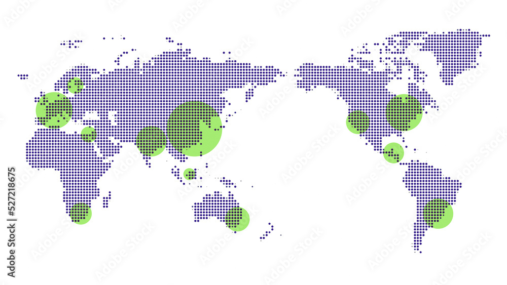 Dotted or pixelated halftone dark blue Asia centered world map with ...