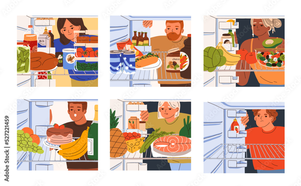 People look for food in fridge set, inside view. Hungry characters ...