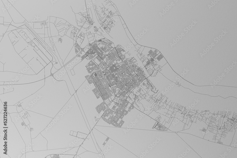 Map of the streets of Basra (Iraq) made with black lines on grey paper ...