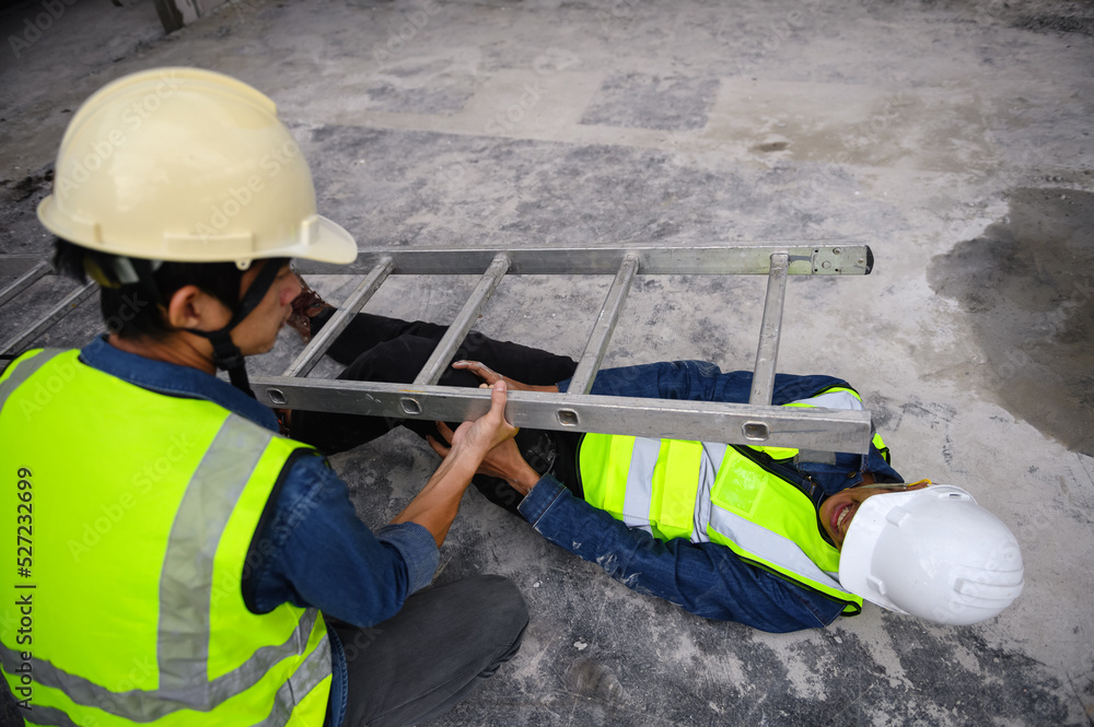Accidents of builder in the workplace at construction site area ...