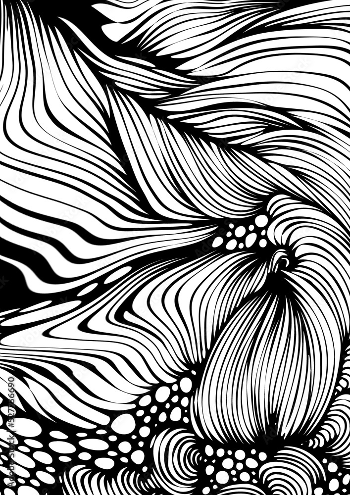 Abstract coloring book for adults. Bitmap drawing, curved lines ...