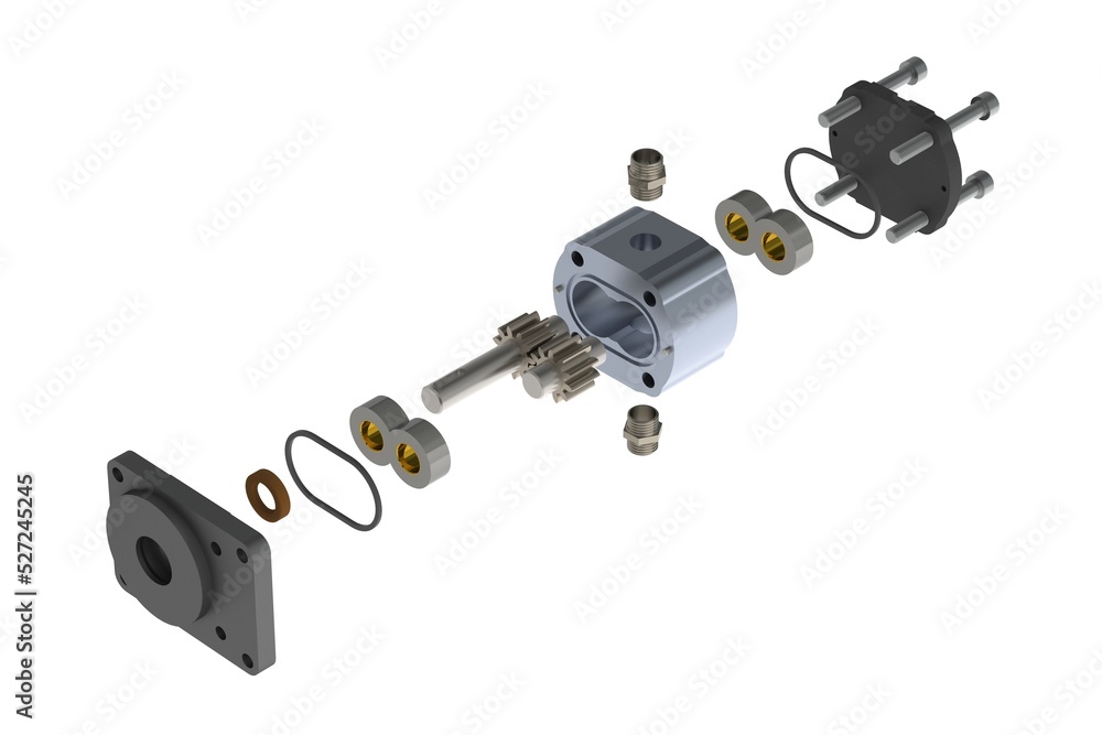 Hydraulic pump exploded parts 3D rendering isolated on white Stock ...