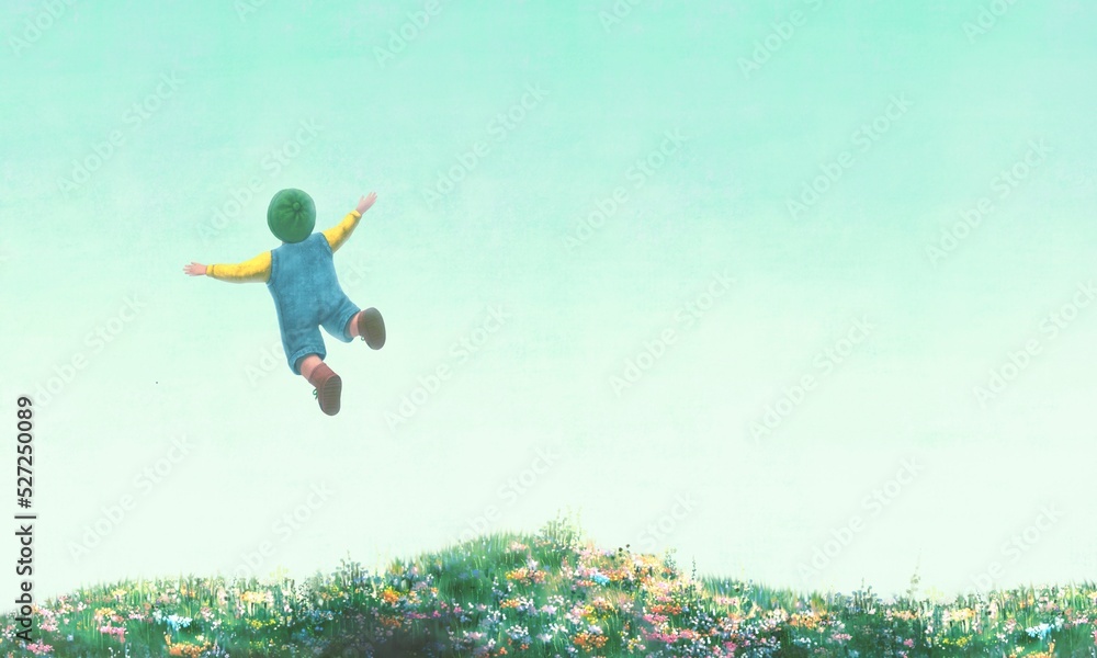 A boy flying in the sky. Concept art of child dream, freedom kid ...