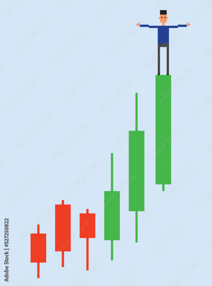 Candlestick chart stock market. Trader cartoon pixel art character on ...