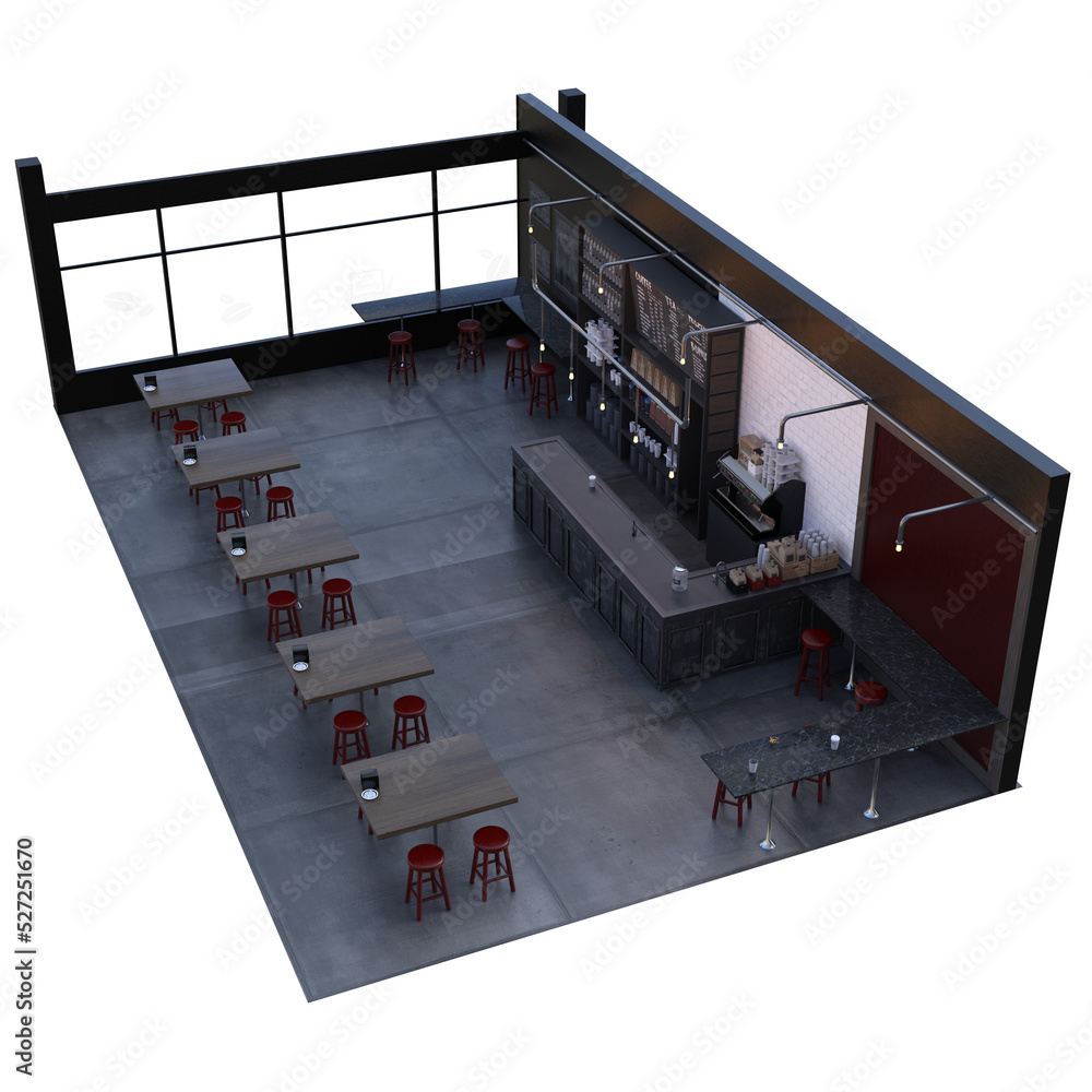 3D Render : Isometric illustration of coffee shop interior design with ...