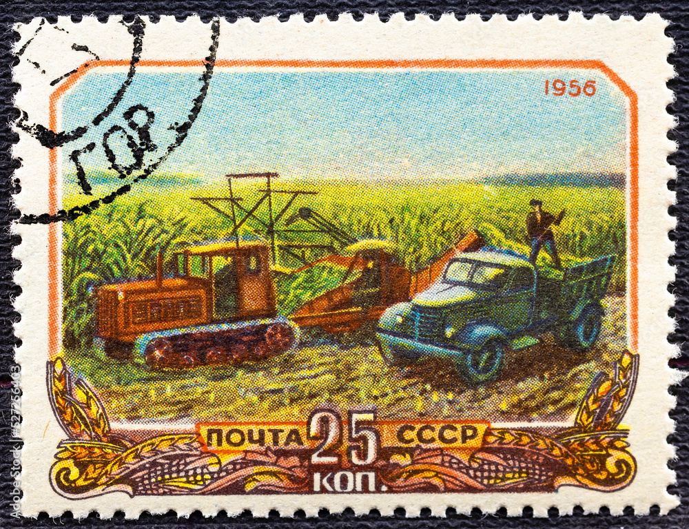 USSR - CIRCA 1956: A postage stamp printed in the USSR shows harvesting ...