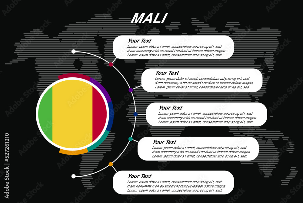 Mali circle infographic with information text spaces, black background ...