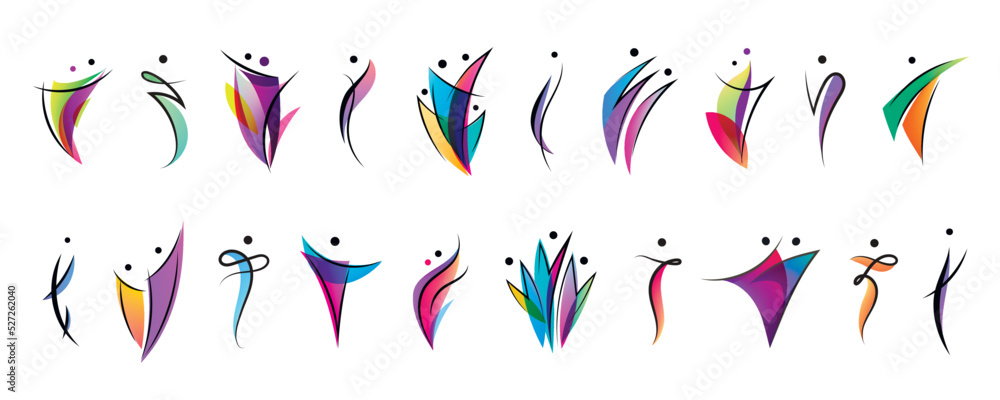 Vector set human body logos, people shapes, linear colorful stylized ...