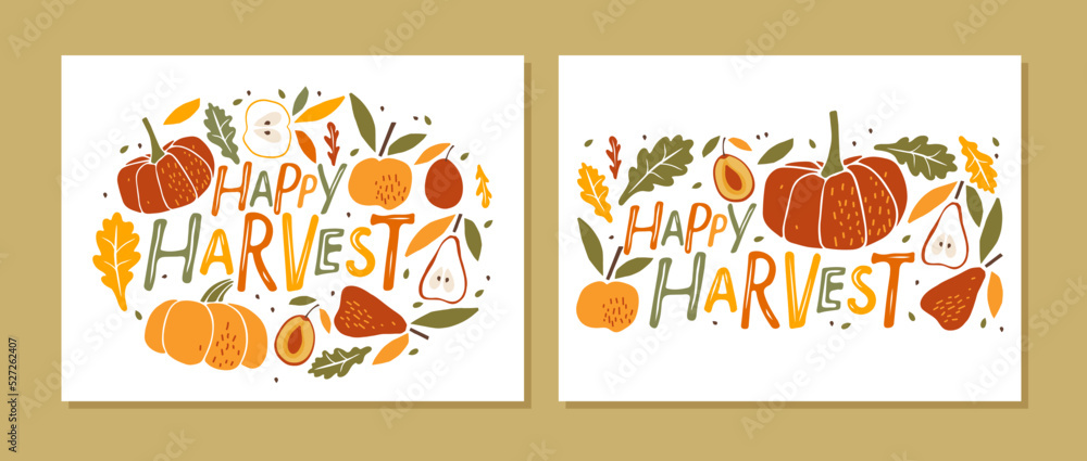 Happy Harvest card set. Hand drawn lettering with autumn fruits and ...
