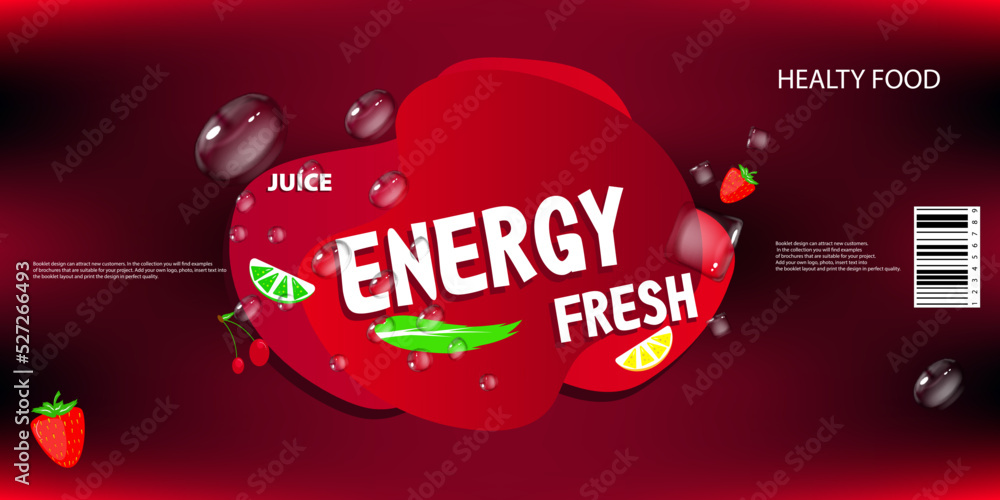 the label of an energy drink with fruit ice cubes and bubbles, in red ...