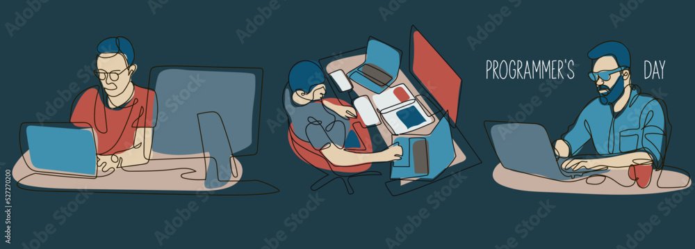 Set a postcard for the programmer's day. Graphic style of colored spots ...