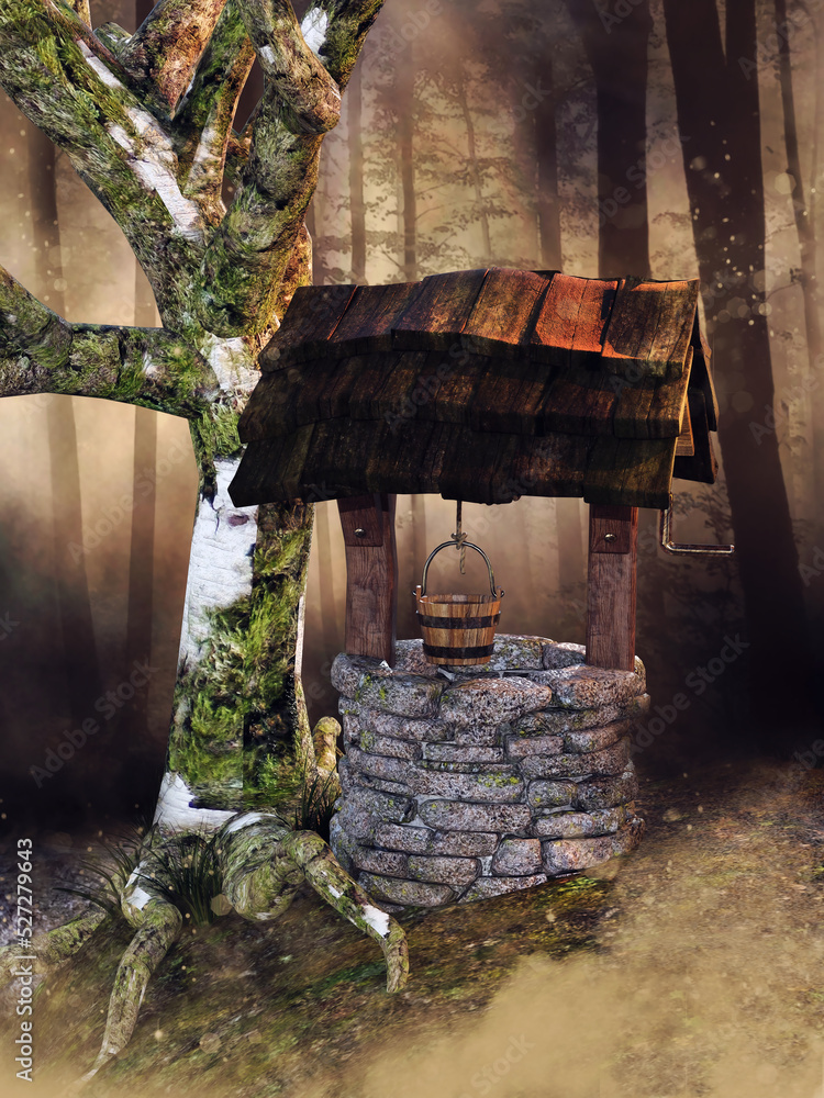 Dark forest with an old stone well by a withered tree with gnarly roots ...