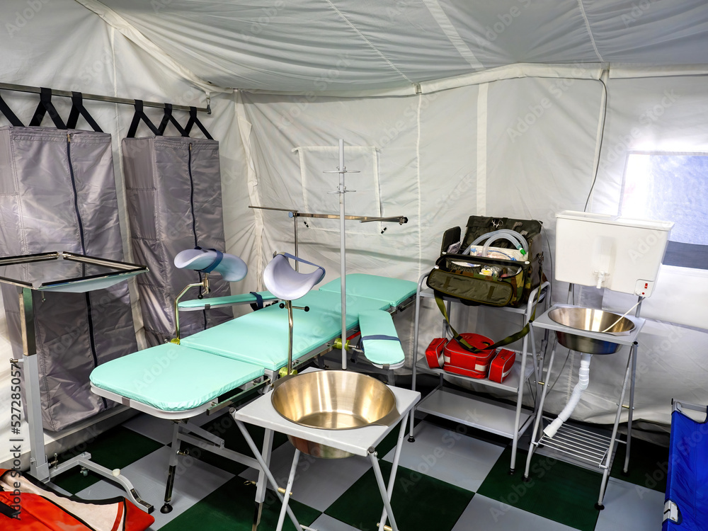 Field hospital. Equipment for operations inside tent. Medical equipment ...
