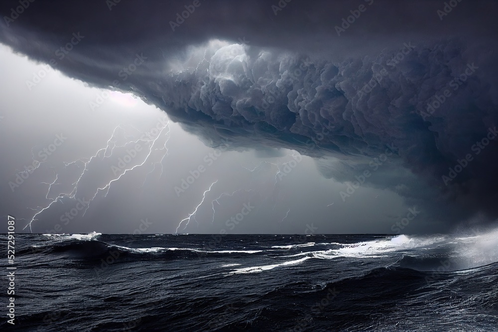 bright noon day, gigantic thunderstorm in a middle of the ocean ...