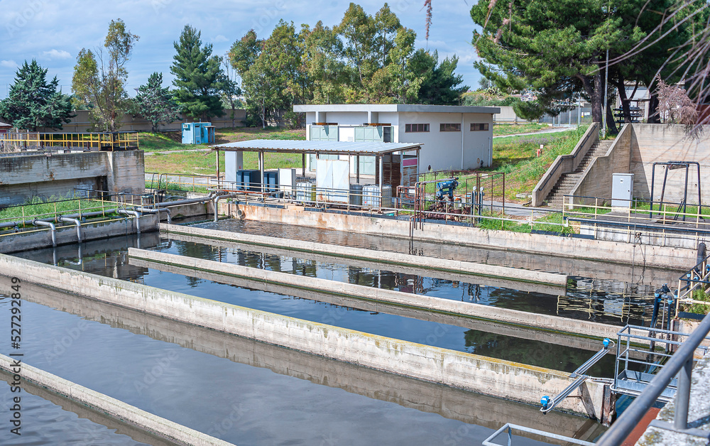 Aerated activated sludge tank at a wastewater treatment plant. Stock ...