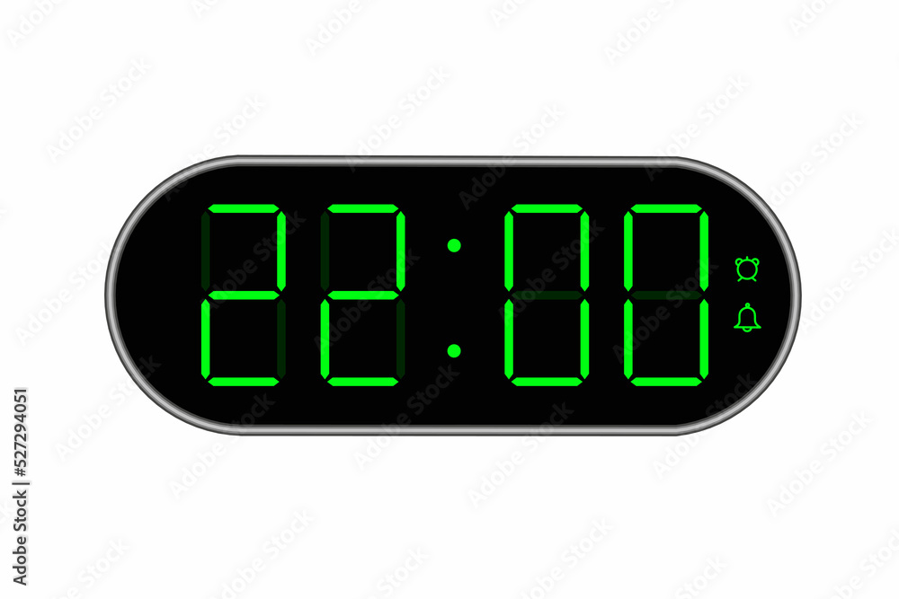Vector flat illustration of a digital clock displaying 22.00 ...
