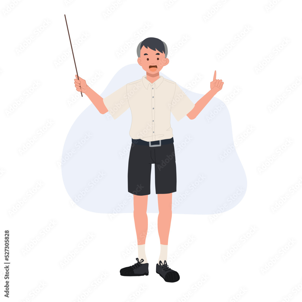 Asian student in school uniform. Thai student boy is holding a pointer ...