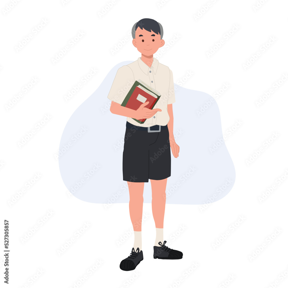 Asian student in school uniform. Thai student boy is holding books in ...