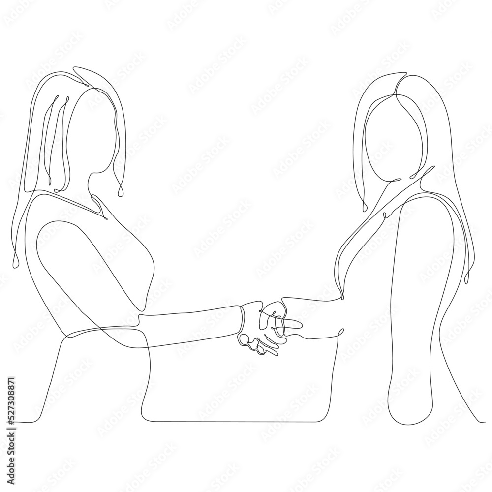 continuous line drawing two businesswomen shaking hands vector ...