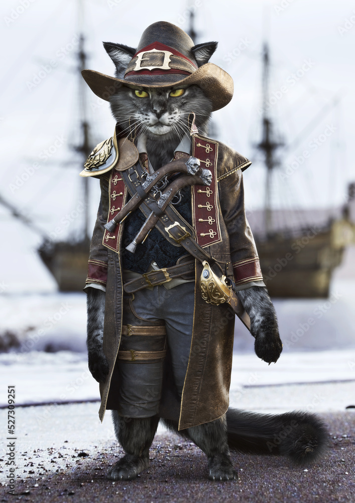 Kitty pirate themed background.Concept portrait of a cute cat dressed ...