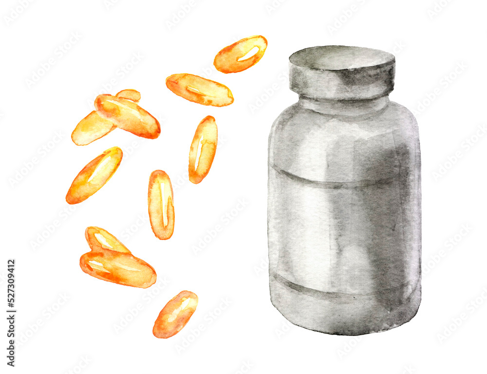 Hand drawn bottle of capsules. Watercolor illustration. Various shapes ...