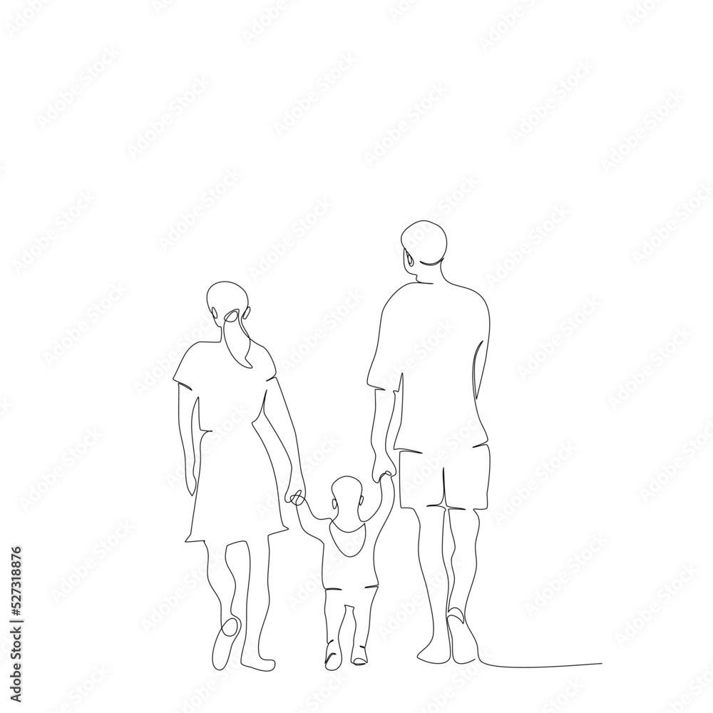 Back side of family with mother and father are holding child hands ...