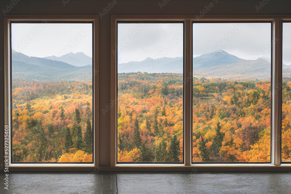 3D Render digital art painting of autumn outside the window with ...