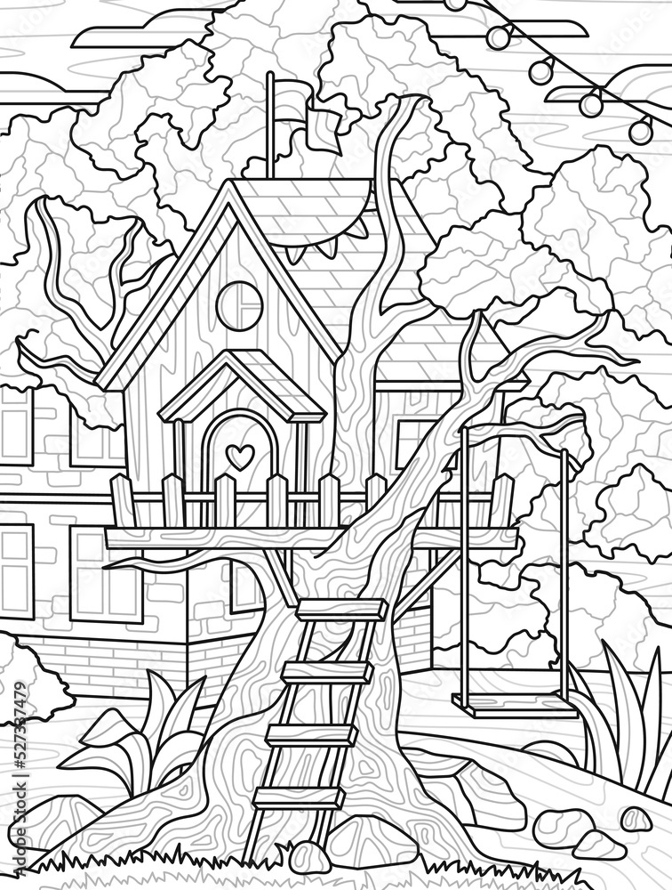 Design for coloring book. Tree house in backyard for young children ...